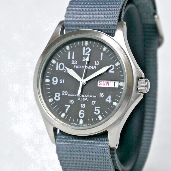 SEIKO ALBA FIELD GEAR Military Watch V743-8000 Gray Dial Day-Date ...