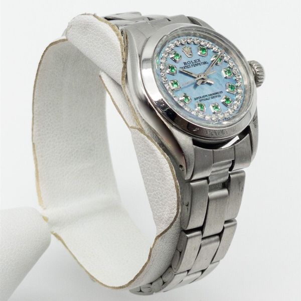 Estate $7000 Rolex Oyster 24mm Blue MOP Emerald Diamond Ladies Watch ...
