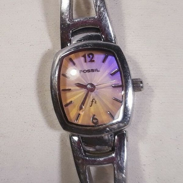 Women Fossil F2 Watch Es9749 Steel Band Silver Case Iridescent Sunburst ...