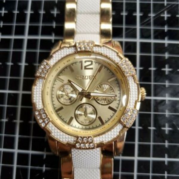 Gruen SR626SW Gold Tone Rhinestone White Quartz Analog Watch ...