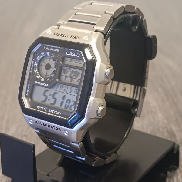 Casio World Time AE-1200WHD Mens Digital Dial Wristwatch - Silver Tone ...