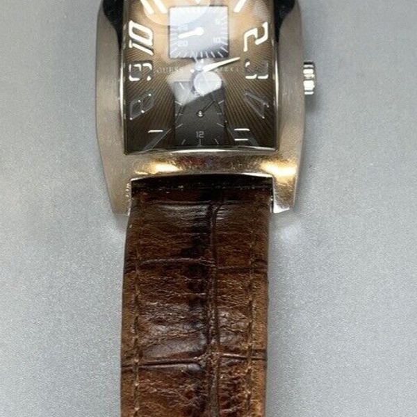 Guess Steel Mens Brown Dial Geniune Leather Strap Tank Style Watch New ...