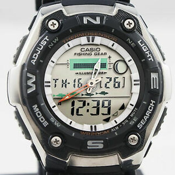 Casio thermometer watch new 20 bar aqw-101-1av 200m wr fishing moon ...