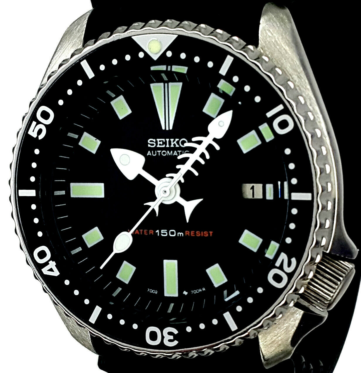 Vintage mens watch SEIKO diver 7002 FISH-BONE mod w/all WHITE "Fish ...