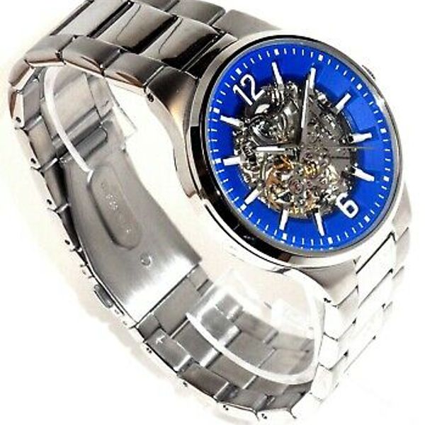 BULOVA CARAVELLE $200 MEN'S SILVER/BLUE DIAL AUTOMATIC SKELETON WATCH ...