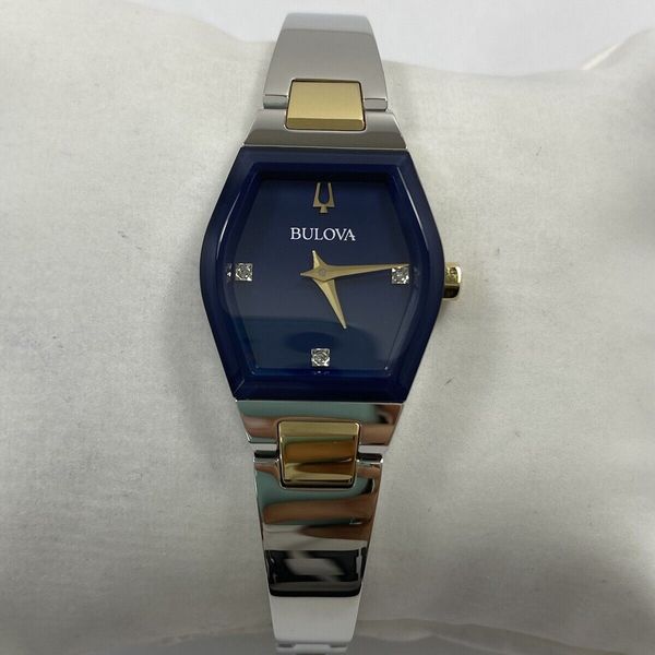 Bulova Gemini Diamonds Quartz Blue Dial Steel Ladies Bangle Watch ...