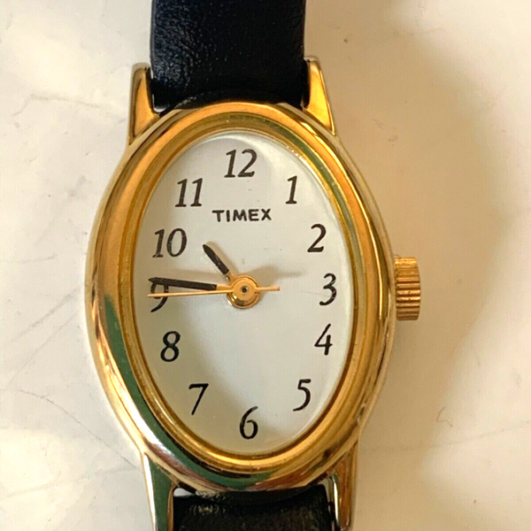 Watch Vintage Timex Ladies Oval Face Black Leather Strap Band Needs ...