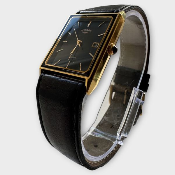 Rotary Tank Quartz Dress Watch 2185 Black Dial Gold Case Leather Strap ...