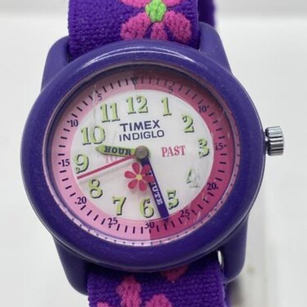 Timex Indiglo Girls Flower Watch Purple Band Works New Battery Stretch ...