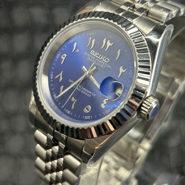 Seiko mod Blue Arabic dial Navy open back jubilee bracelet stainless ...