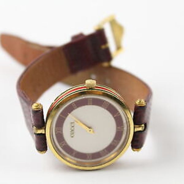 Mens Vintage Gucci Gold Tone Burgundy Green Dress Watch 2000M Quartz ...