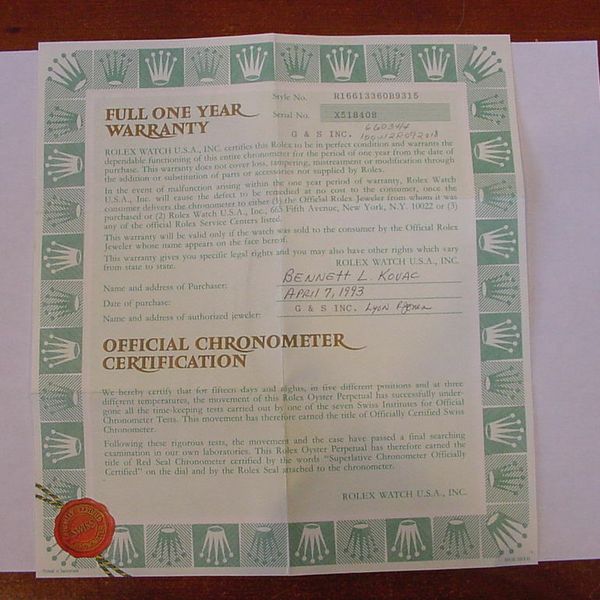 ROLEX 16613 CHRONOMETER CERTIFICATION SUBMARINER X Serial Number (2 ...
