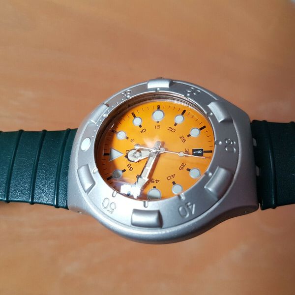 vintage SWATCH IRONY aluminium scuba 200 Watch orange face green strap ...