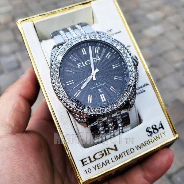 Elgin Men's Watch Iced Luxury Stainless Steel Dress Metal Band Date ...