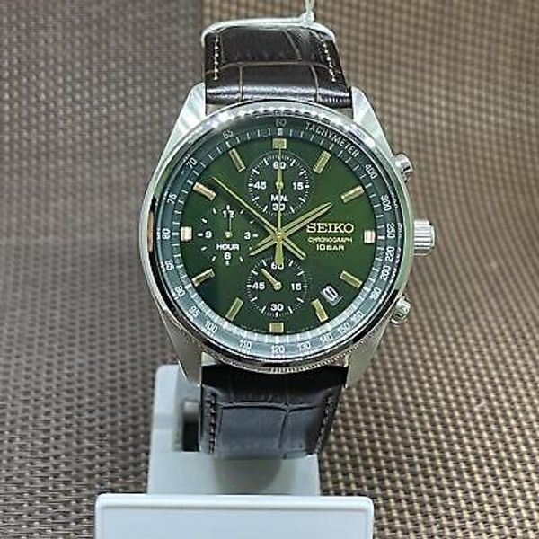 Seiko SSB385P1 Chronograph Green Analog Brown Leather Quartz Men's ...
