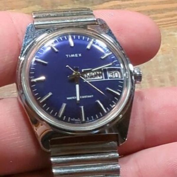 Timex Marlin 1979 Blue Dial Day Date Mens Vintage Mechanical Handwind ...