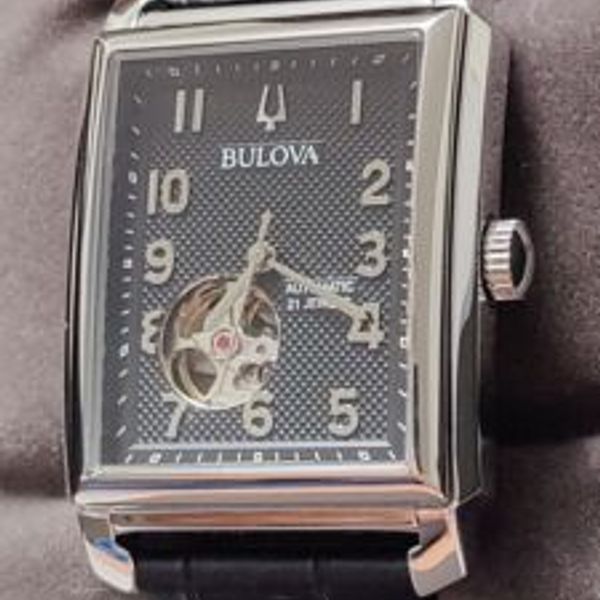 Bulova Men's Watch 96A269 Automatic Black Dial Leather Strap Rectangle ...