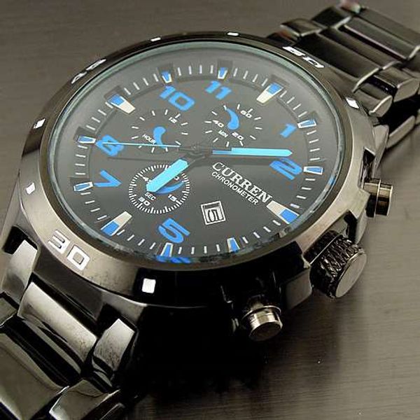 SPORT WATER QUARTZ HOURS DATE HAND BLUE DIAL CLOCK MEN STEEL WRIST ...