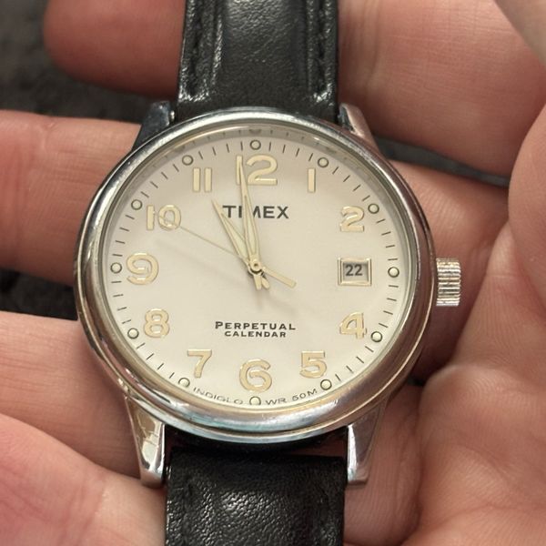 Men's T2D631 Timex Perpetual Calendar Dial w Silver Metal Band ...