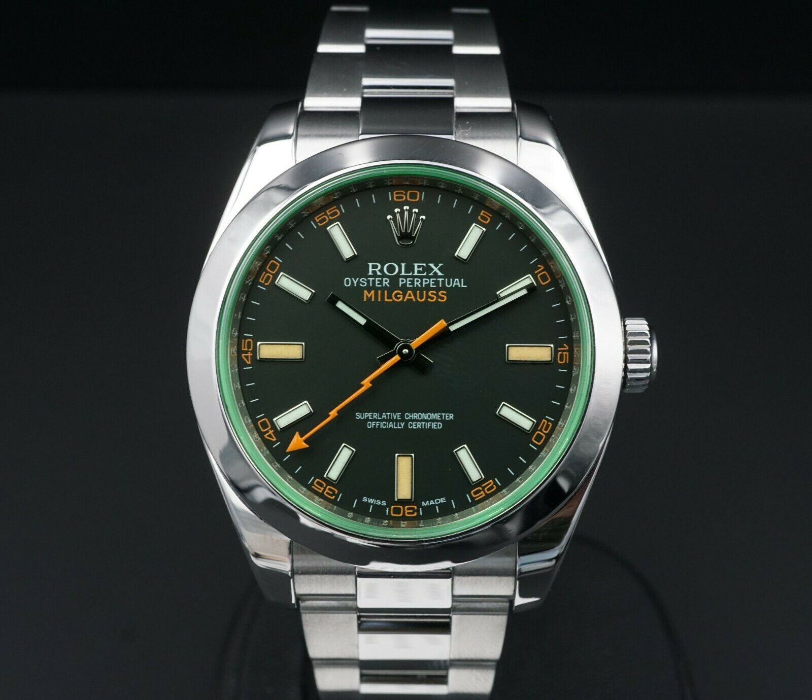 116400V Rolex Milgauss Black Dial Green Crystal Orange Hand 40mm Watch ...