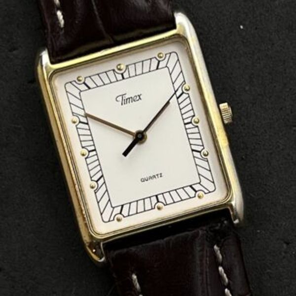 Vintage 1989 TIMEX Tank Mens 32mm Quartz Watch Gold White Dial Brown ...