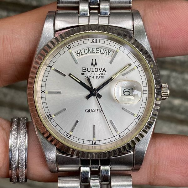 Rare Bulova President Super Seville Day Date Silver Quartz Vintage ...