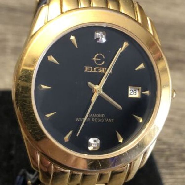 Elgin black dial gold Toned watch mens diamond Accent FG053 VJ32 Dress ...