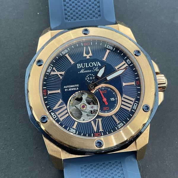 Bulova Men's Marine Star Skeleton Dial Automatic Blue Dial Watch 45mm ...