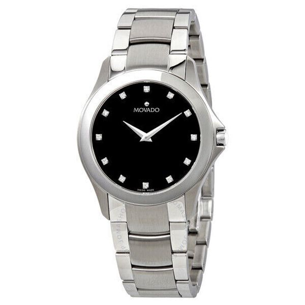 NEW MOVADO MASINO DIAMOND MENS SILVER TONE BLACK DIAL WATCH SRP $1495 ...