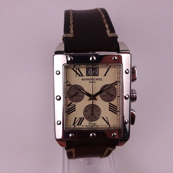 Raymond Weil Tango Chronograph 4881 Watch Cream Dial Brown Strap FAULTY ...