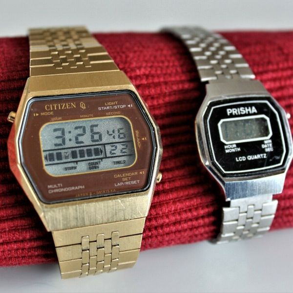 Two vintage LCD quartz watches, Prisha & Citizen chronograph ...