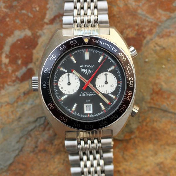 SOLD 1970's Vintage Heuer Autavia 11630 Black Dial on Bracelet ...
