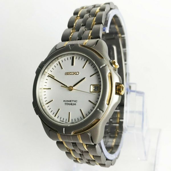 SEIKO KINETIC TITANIUM watch gold mens power reserve date wristwatch ...