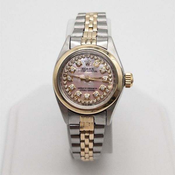 $9000 ROLEX Oyster Perpetual 18k Yellow Gold SS PINK Ladies Watch ...