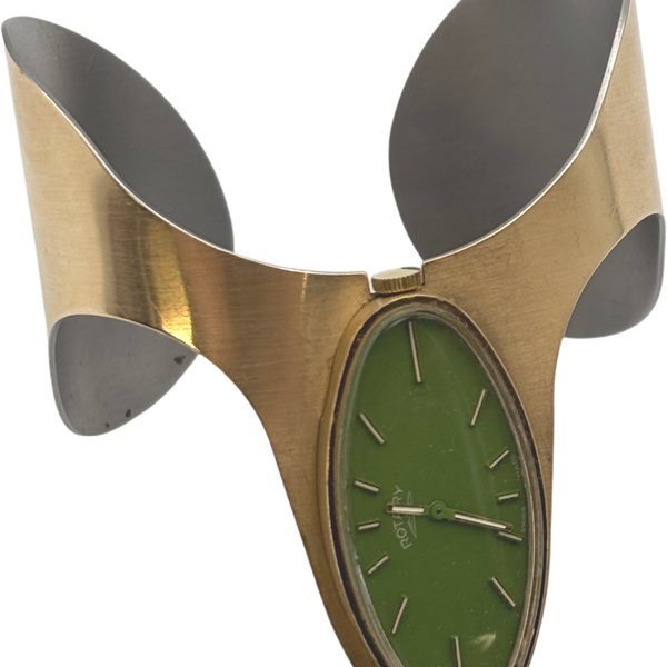 Rotary Wristwatch Oval Green Dial Gold Tone Bangle Unique Design Watch ...
