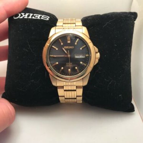 Seiko SNE100 Men's Dress Solar Black Dial Gold-Tone Stainless Steel ...