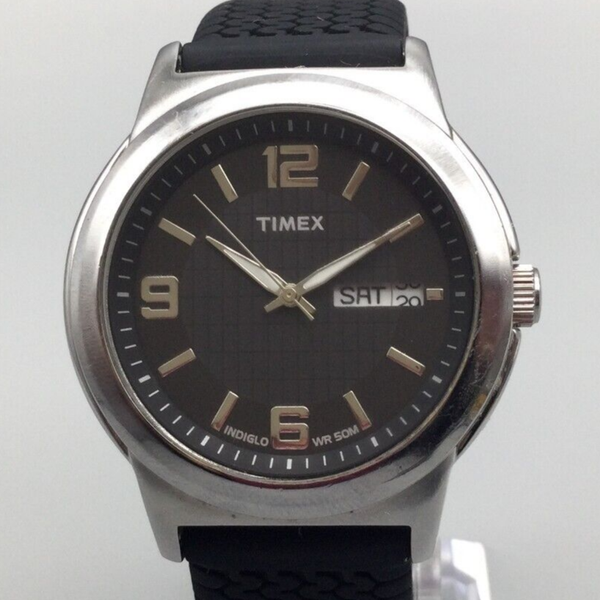 Timex Watch Men 40mm Silver Tone Day Date Black Rubber Band New Battery ...