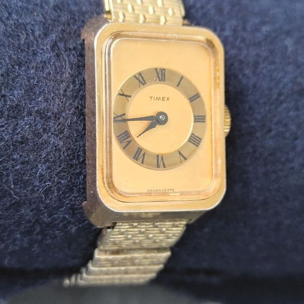 Timex ladies rectangle gold plated case mechanical movement watch ...