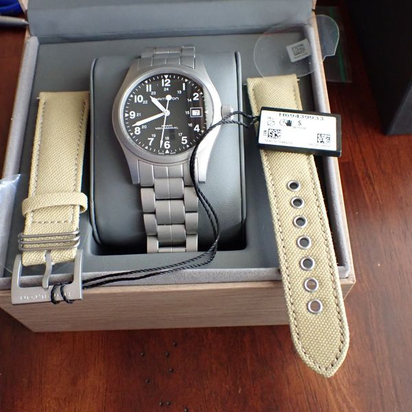 [$425 USD] FS Khaki Field Mechanical Black Dial Beige Fabric Strap Men ...