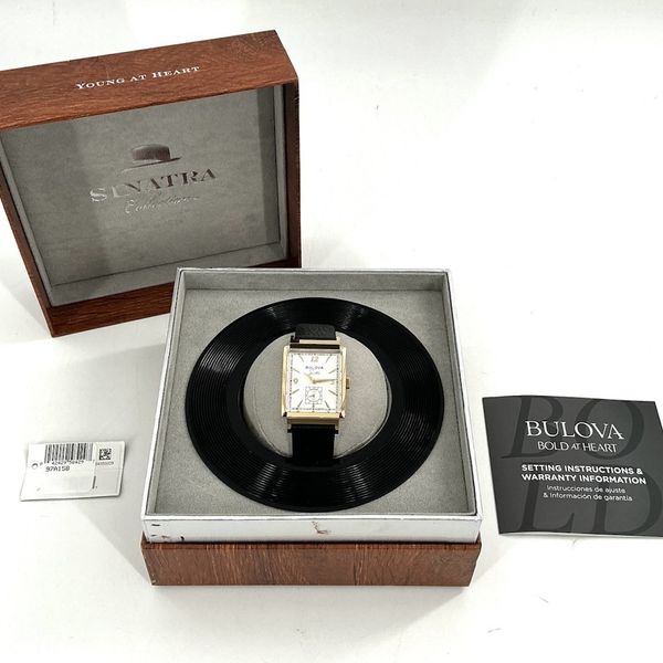 Bulova Men's Frank Sinatra My Way Gold Tone Leather Watch Silver Dial ...