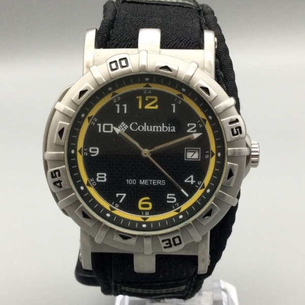 Columbia Watch Men Silver Tone Date Round Black Yellow Dial 42mm New ...