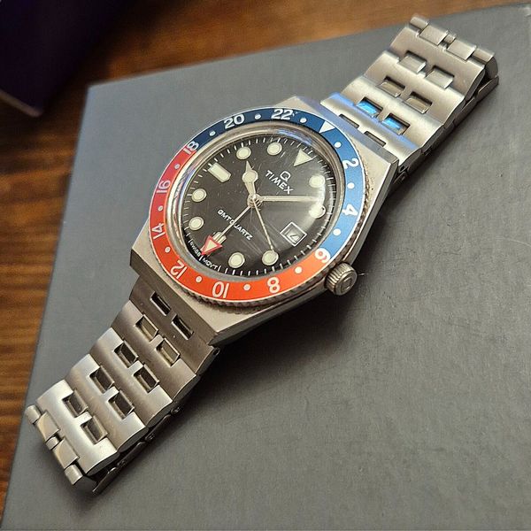 + Timex Q Reissue GMT Quartz 38mm Pepsi Bezel Watch (TW2V38000) FULL ...