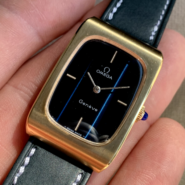 1975 Omega Blue Dial Manual Wind Rectangular Gold Tone Wristwatch ...