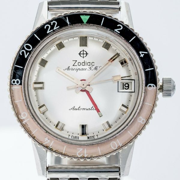 Vintage ZODIAC Aerospace GMT Faded Bakelite Bezel Stainless Steel 36mm ...