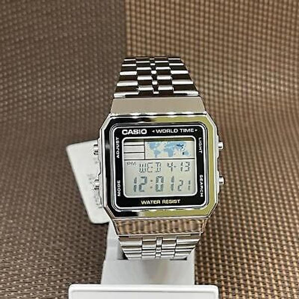 Casio A500WA-1D Vintage Series Silver Stainless Steel World Map Digital ...