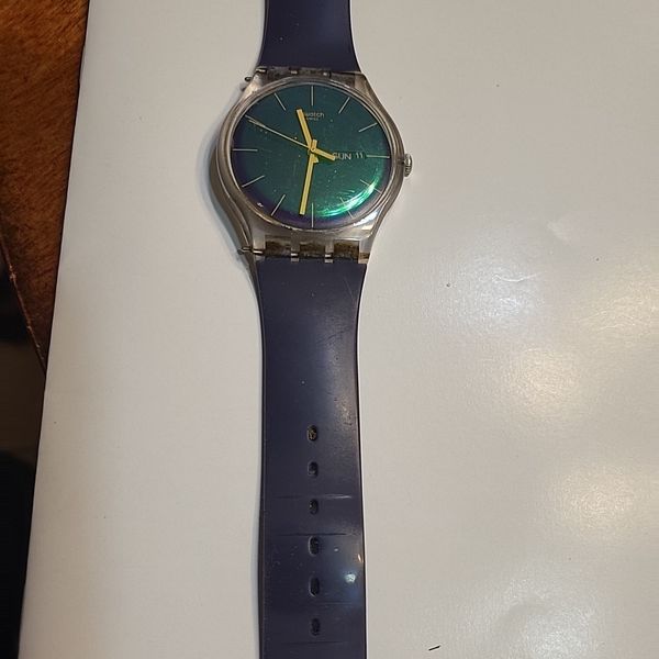 Vintage SWATCH Blue Rebel Large Dial Watch. New Gent Day Date SO29N704 ...