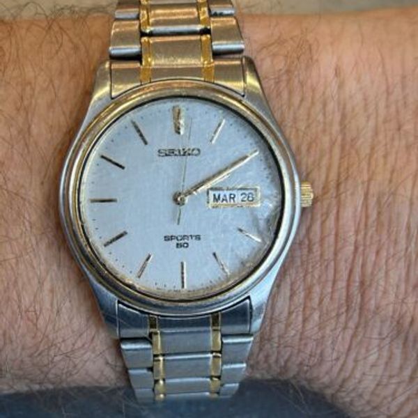Seiko Sports 50 VTG Watch Men Silver Gold Tone Needs Battery Sm Crack ...