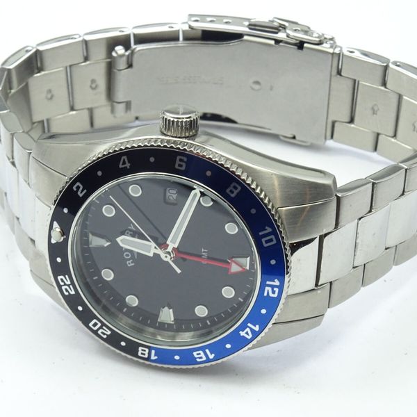 ROTARY GMT Men's Black Dial Blue Bezel Bracelet Wristwatch WORKING ...