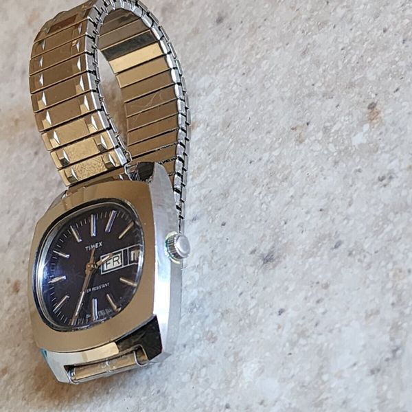 Vtg Modern EamesEra Timex TV Square Hand-Wind DayDateBlue Dial England ...