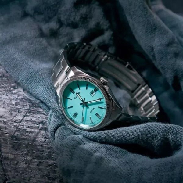 Casio Aqua Blue Dial 44mm Silver Steel Watch â ¢ MTP-1302PD-2A2VEF ...